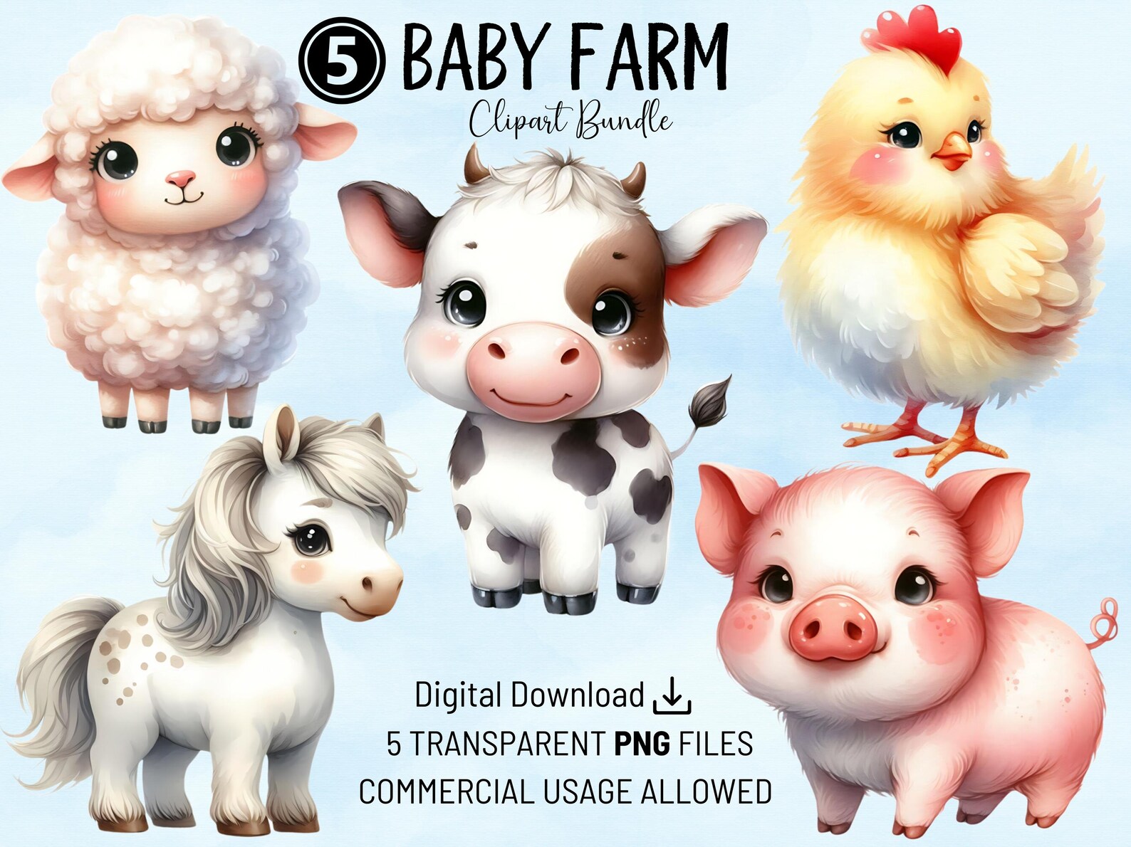 Baby Farm Clipart Bundle, Cute Farm Animal Illustrations ,commercial ...