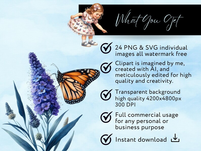 Butterfly Garden Clipart Bundle: Monarch Butterflies & Flowers (PNG ...