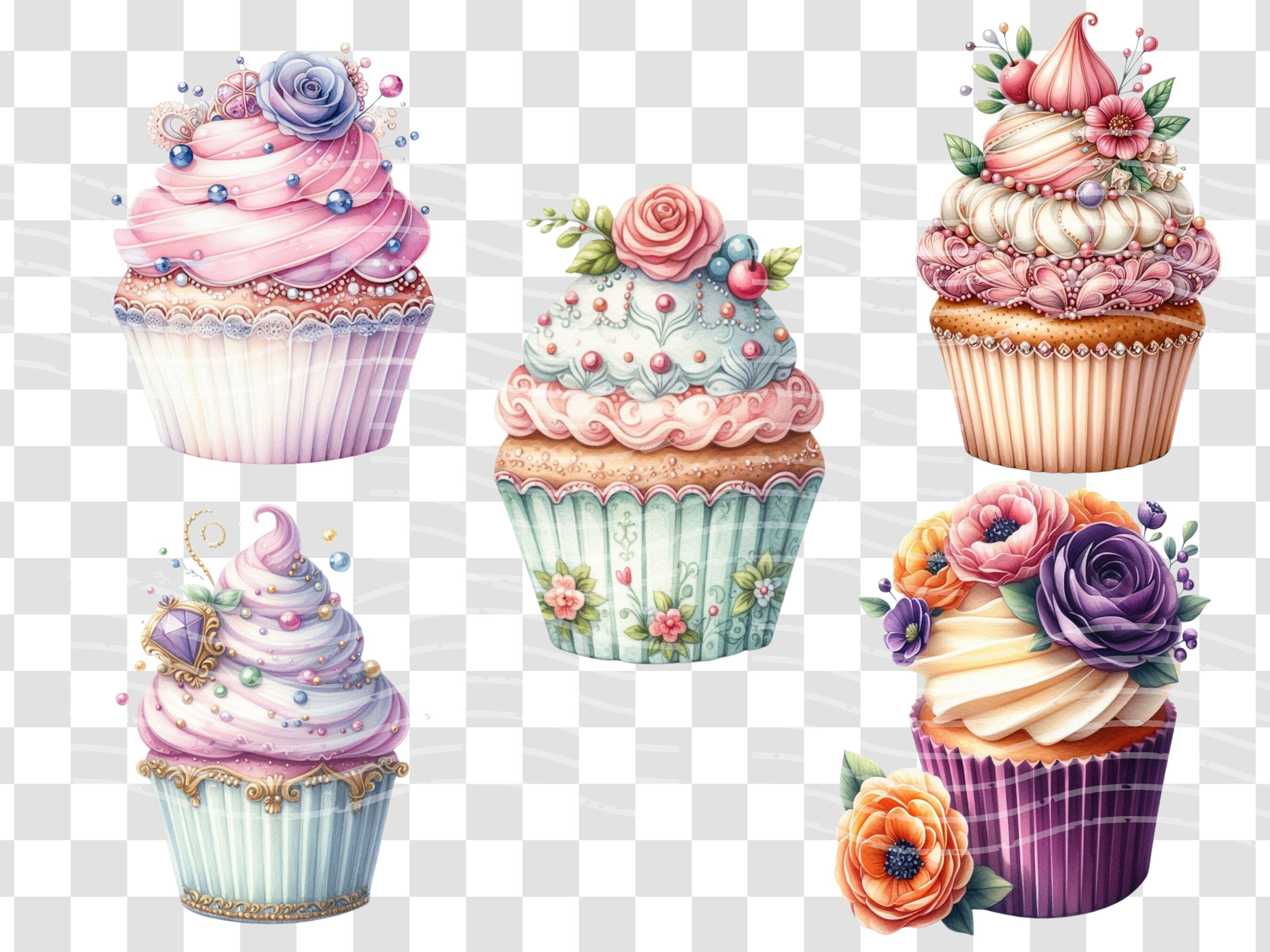 Whimsical Cupcakes 20 Clipart Bundle, Watercolor Commercial Use ...