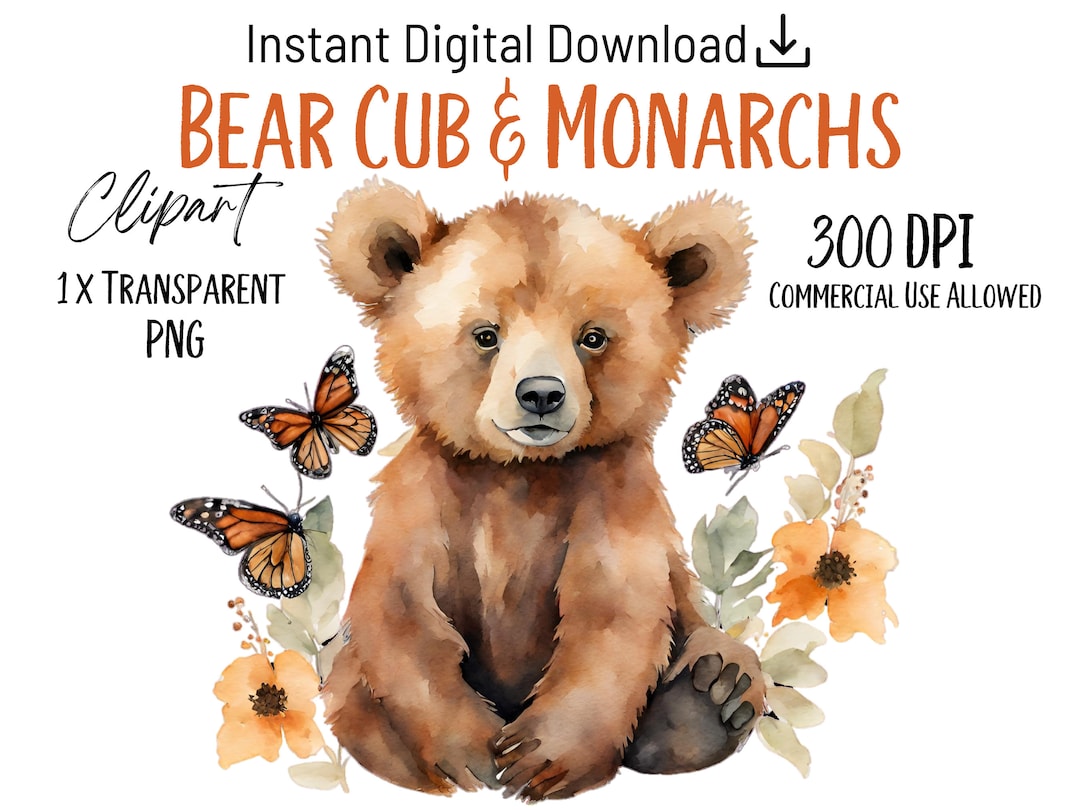 Bear Cub & Monarch Butterflies Clipart, Watercolor Commercial Use ...