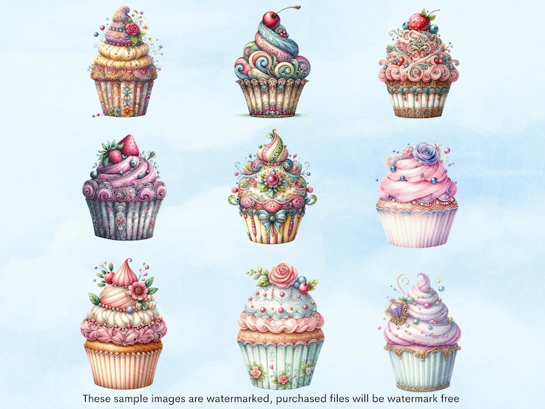 Whimsical Cupcakes 20 Clipart Bundle, Watercolour Party Cupcakes ...