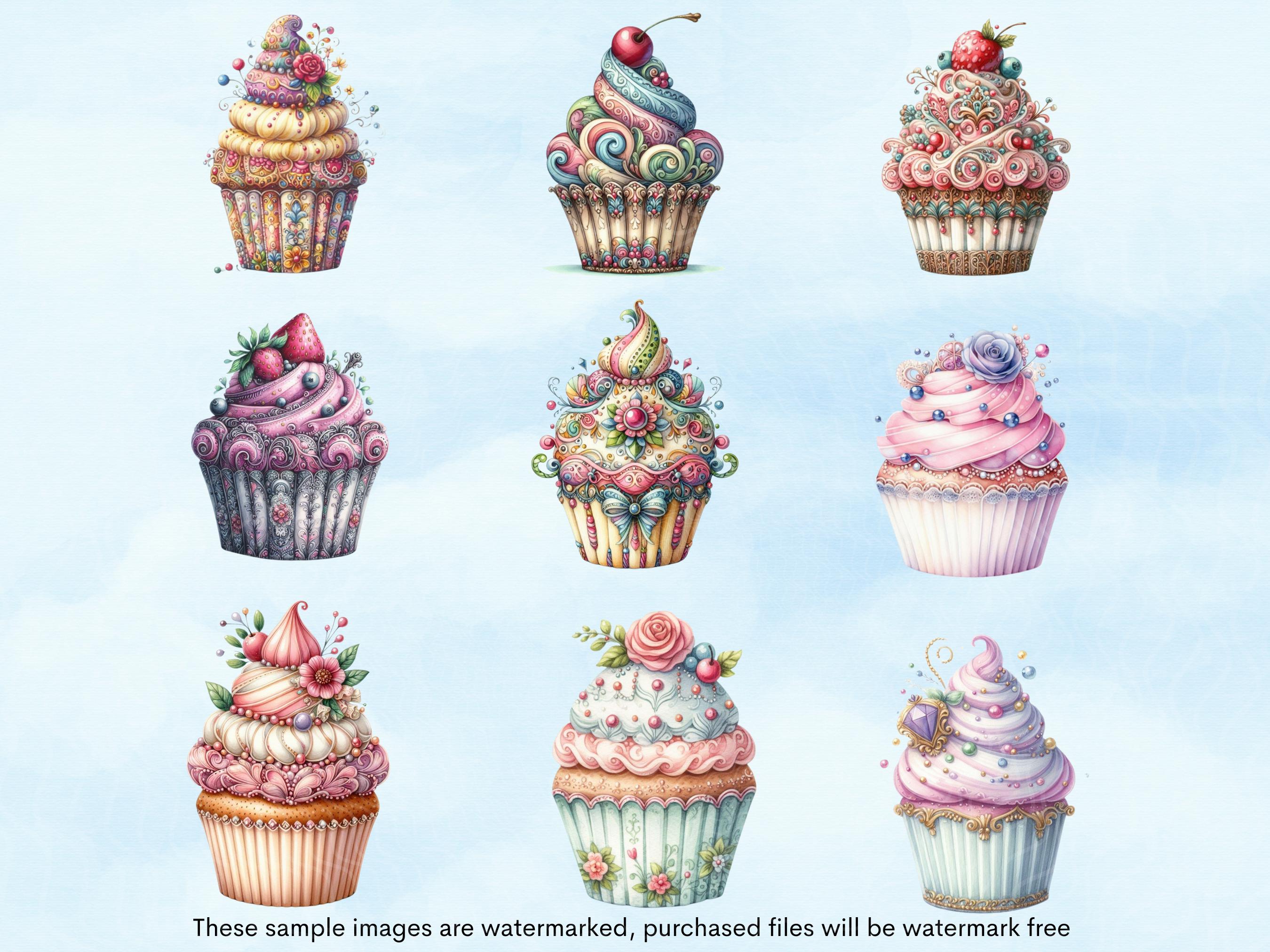 Whimsical Cupcakes Clipart Bundle: 20 Watercolor PNG Images (digital ...