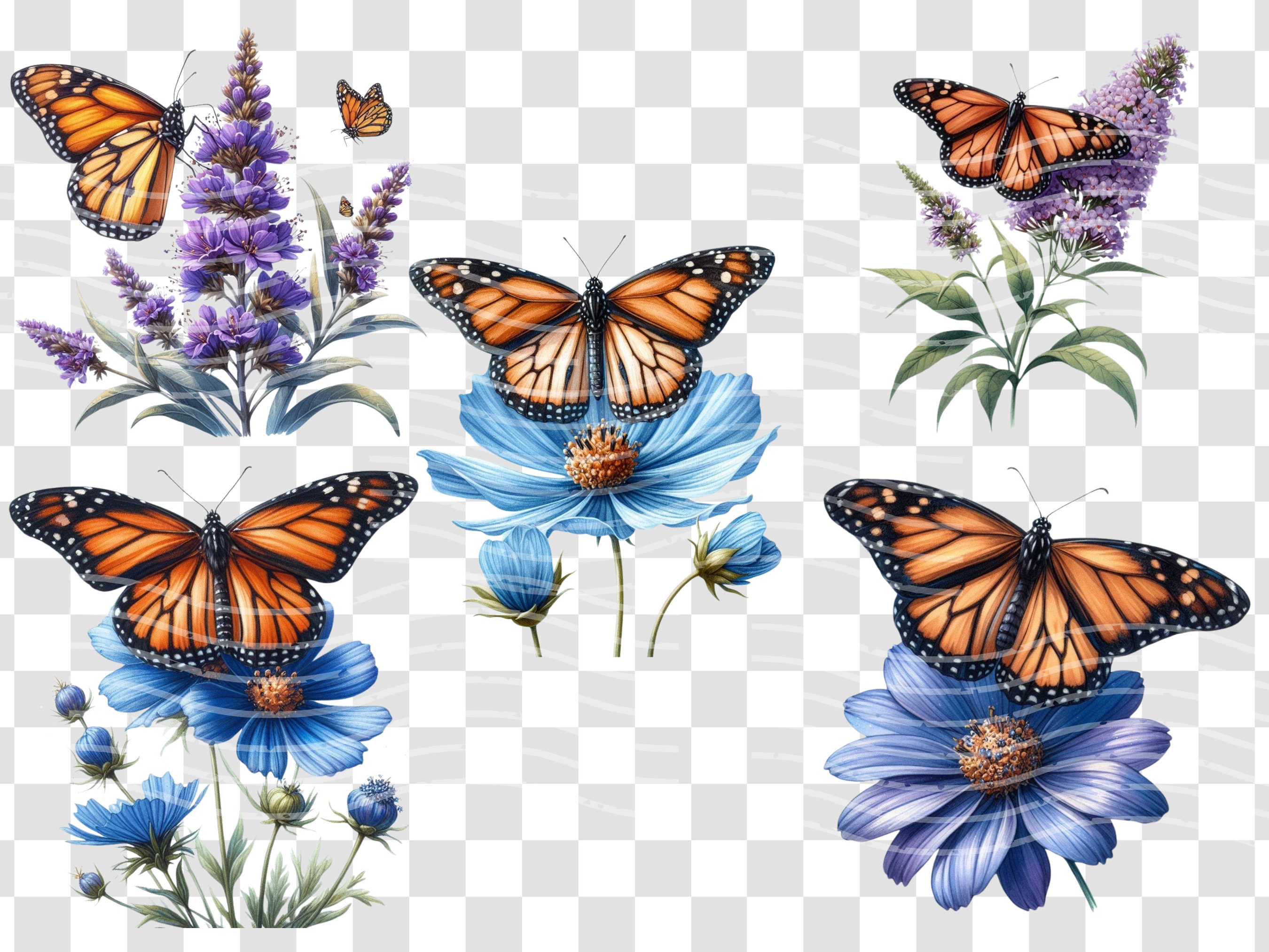 Butterfly Garden Clipart Bundle With Monarch Butterflies and Flowers ...