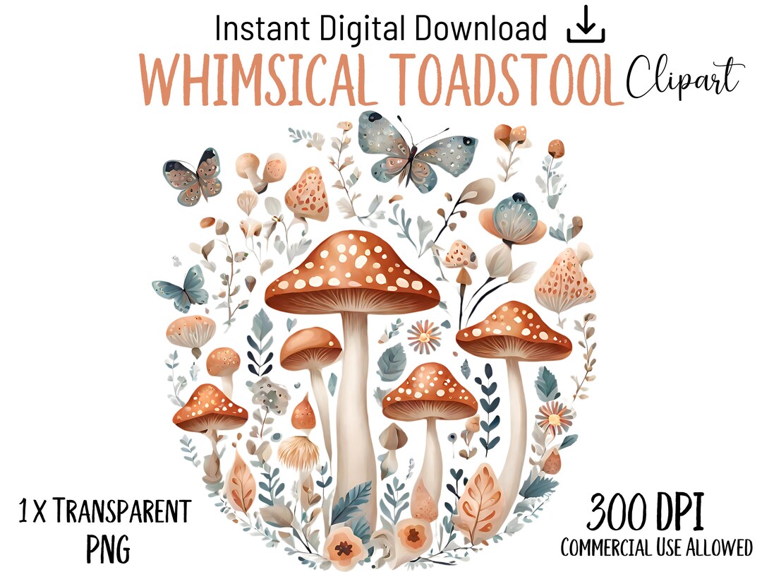 Whimsical Toadstool Mushroom Clipart, Watercolor Commercial Use ...