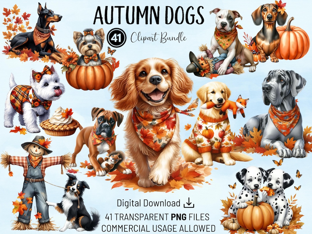 Autumn Dogs Clipart Bundle, 39 Dog Breeds Fall Designs, 41 High Quality ...