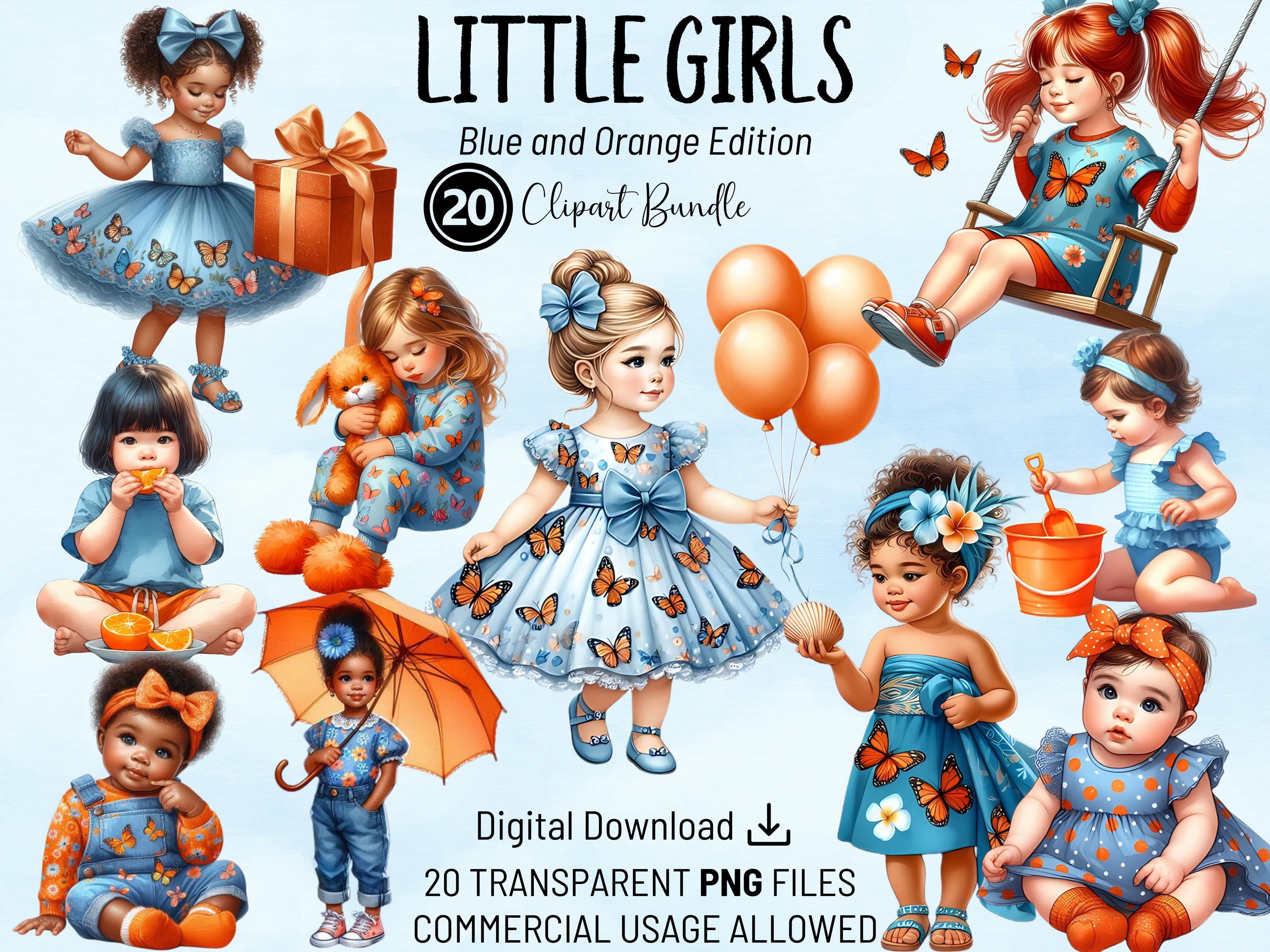 Little Girls Clipart Bundle Blue and Orange Edition, High Quality Pngs ...