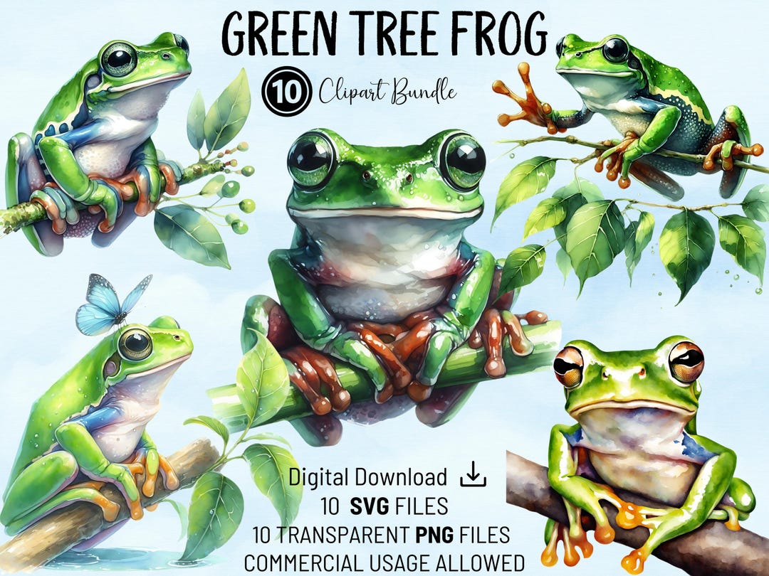 Watercolor Green Tree Frog Clipart Bundle - PNG and SVG Files for ...