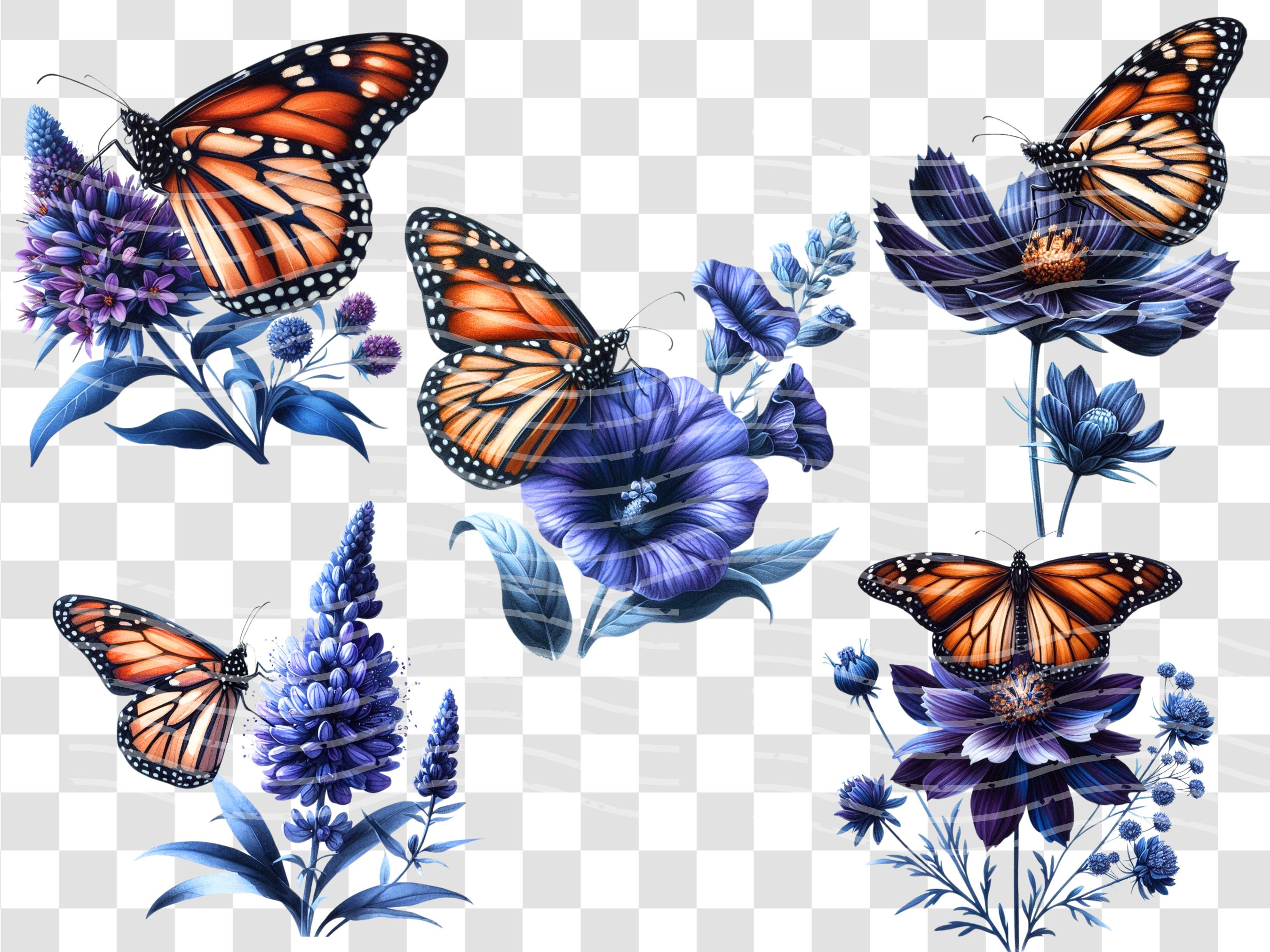 Butterfly Garden Clipart Bundle With Monarch Butterflies and Flowers ...