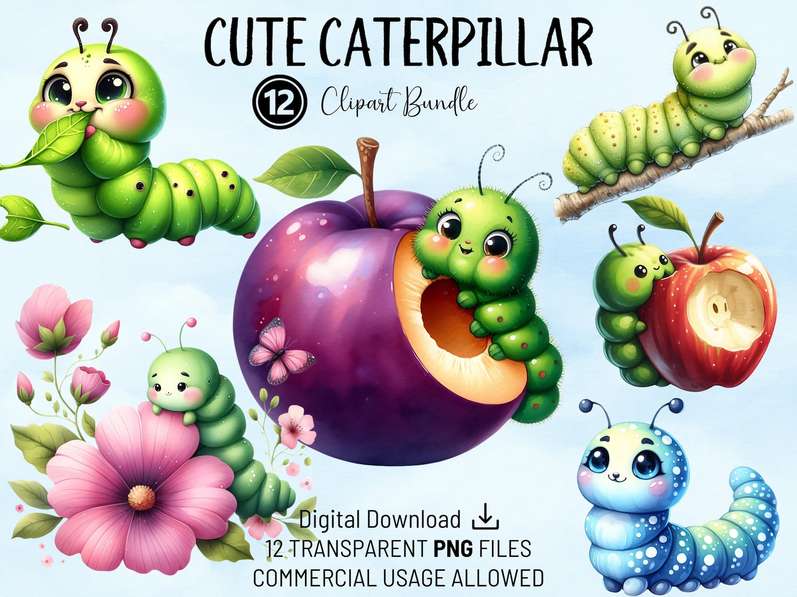 Cute Caterpillar Clipart Bundle, Colourful Nursery Caterpillar, High ...