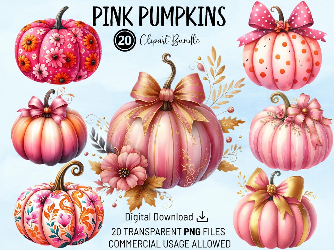 Pink Pumpkins Clipart Bundle, Pink and Gold Fall Pumpkins, Retro Floral ...