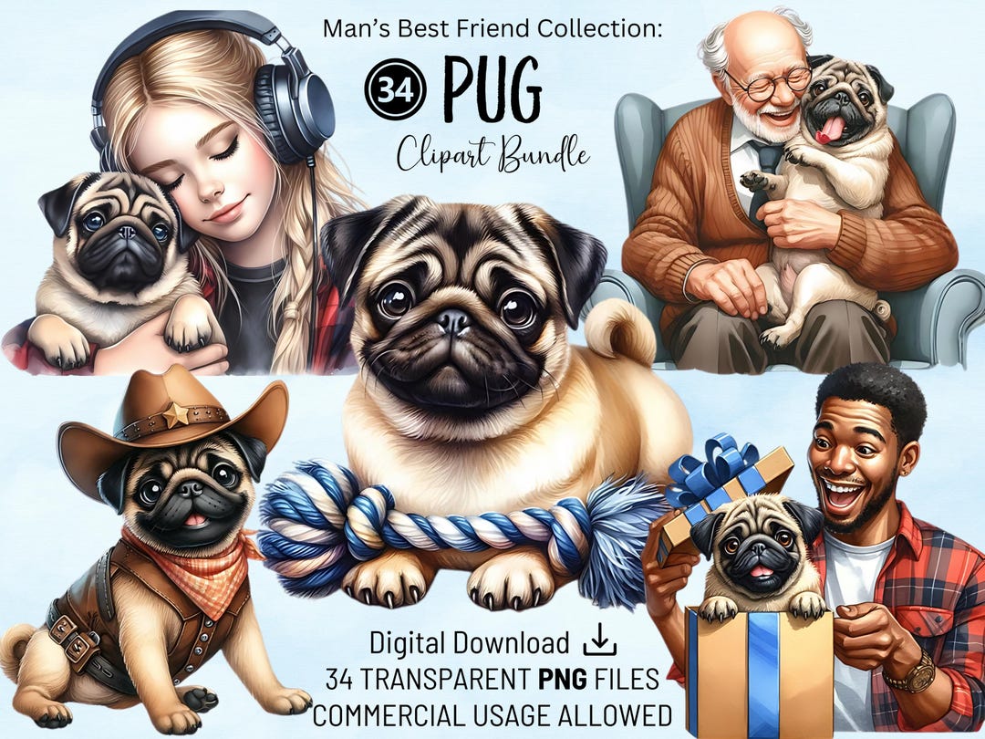 Cute Pug Clipart Bundle - Man's Best Friend Collection, Instant ...