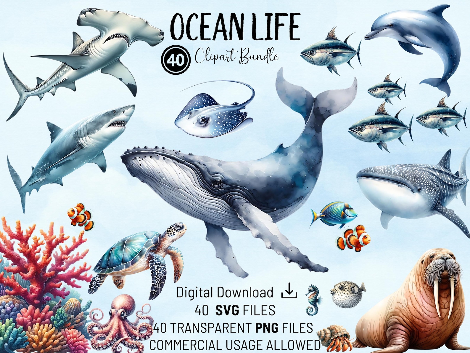 Ocean Life Clipart Bundle, Under the Sea, Sea Life PNG and SVG for ...
