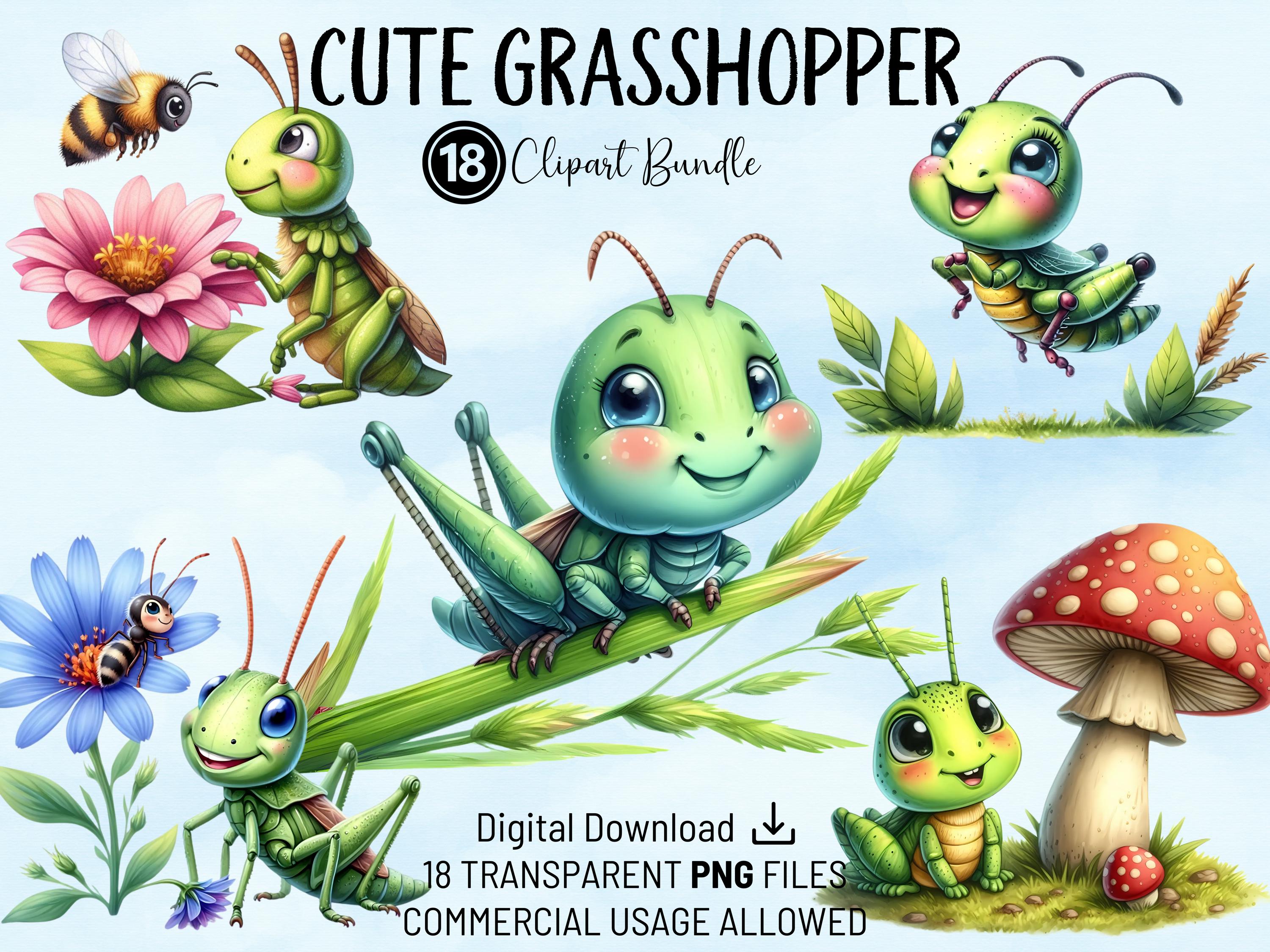Cute Grasshopper Clipart Bundle, Colourful Nursery Grasshoppers, High ...