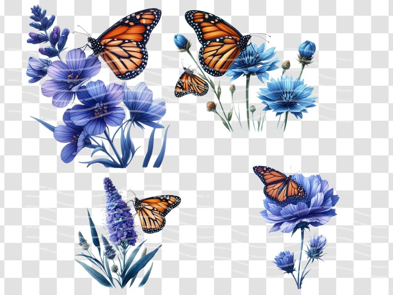 Butterfly Garden Clipart Bundle With Monarch Butterflies and Flowers ...