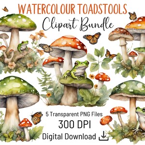 Toadstool Mushroom Clipart Bundle, Watercolor Commercial Use ...
