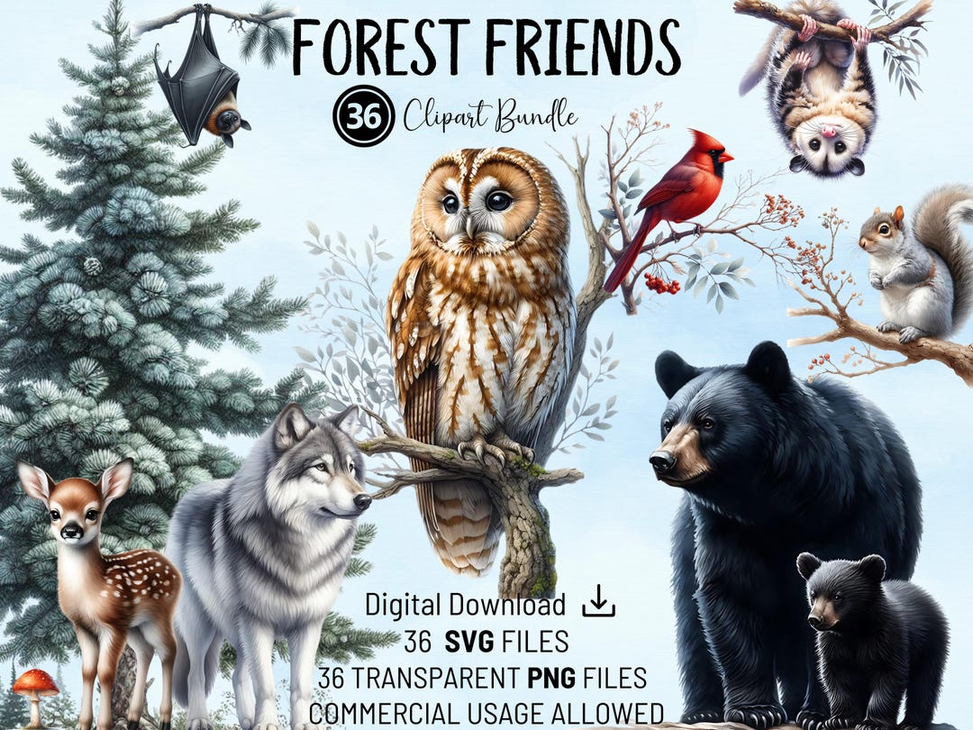 Forest Friends Clipart Bundle: 36 Woodland Animals PNG & SVG (digital ...
