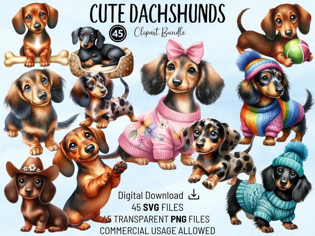 Cute Dachshunds Clipart Bundle - Playful Dachshund Instant Download PNG ...