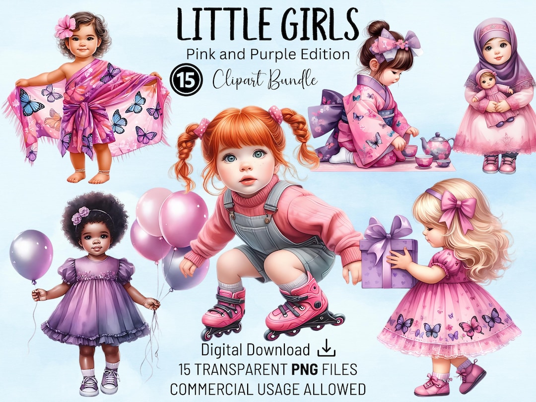 Little Girls Clipart Bundle Pink and Purple Edition, High Quality Pngs ...
