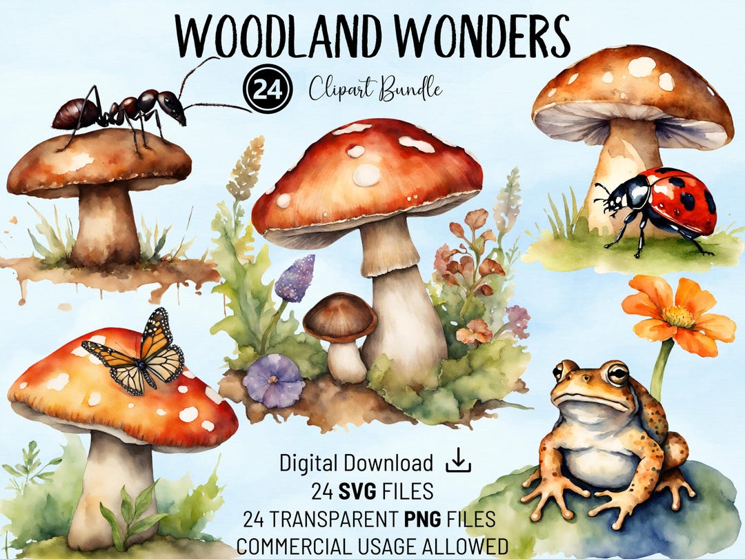 Watercolor Mushroom Clipart Bundle: Woodland PNG SVG Graphics (digital ...