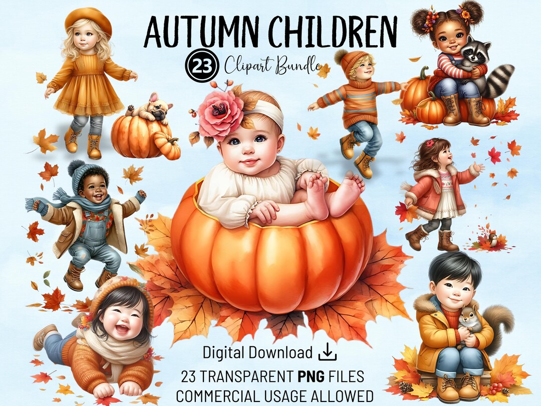 Autumn Children Clipart Bundle, Cute Fall Babies, High Quality Pngs ...