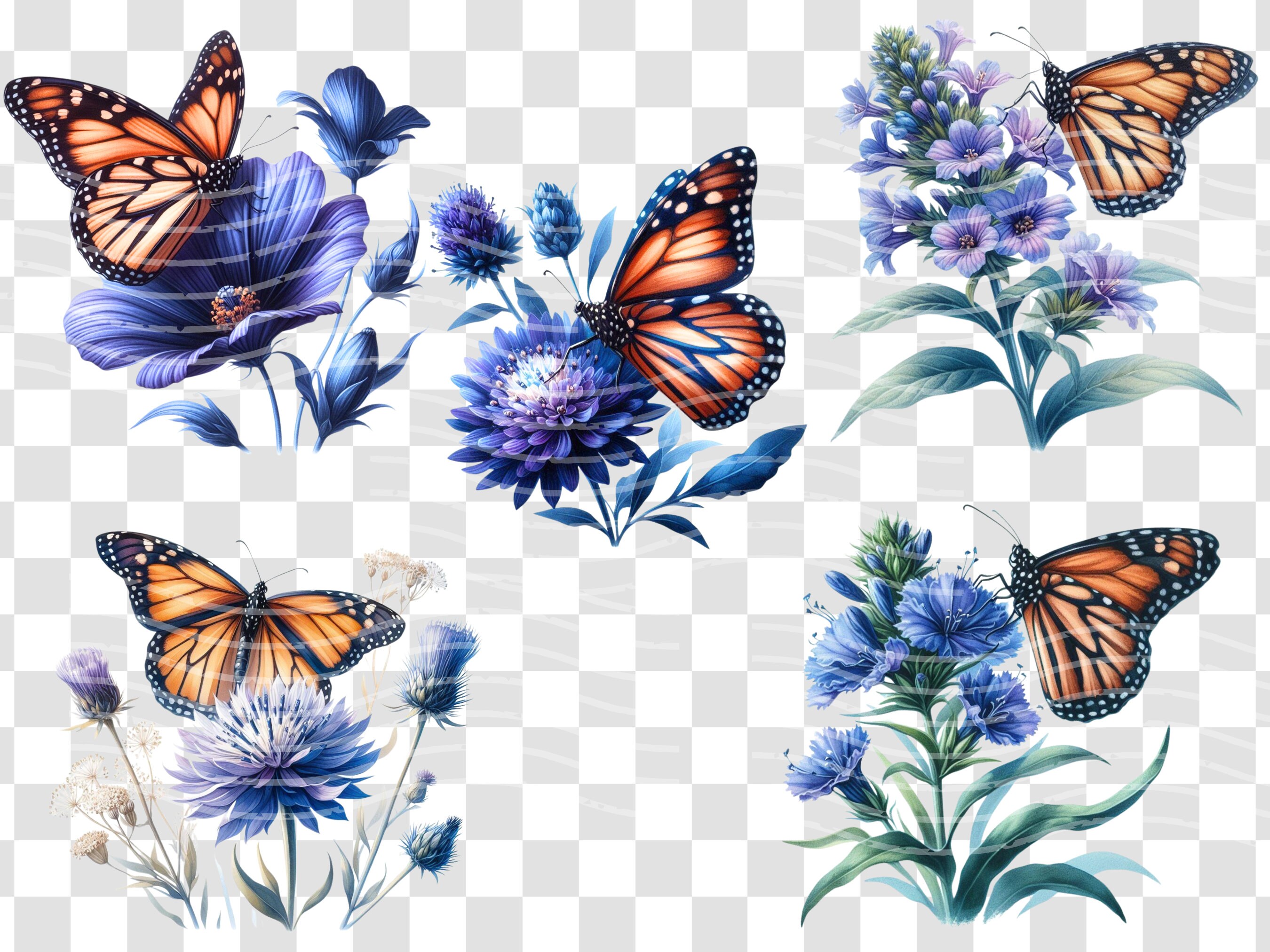 Butterfly Garden Clipart Bundle With Monarch Butterflies and Flowers ...