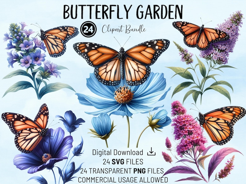 Butterfly Garden Clipart Bundle: Monarch Butterflies & Flowers (PNG ...