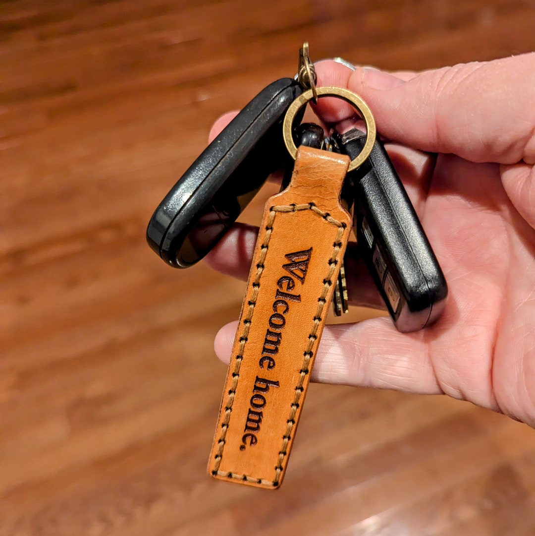 Engraved Leather Tag Keychain: Stitched, Customized, Personal Memento ...