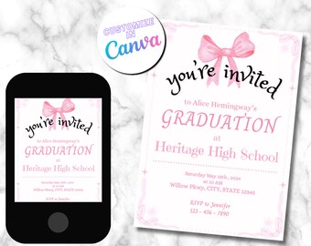 EDITABLE Coquette Pink Bow Graduation Invitation Brunch Instant ...