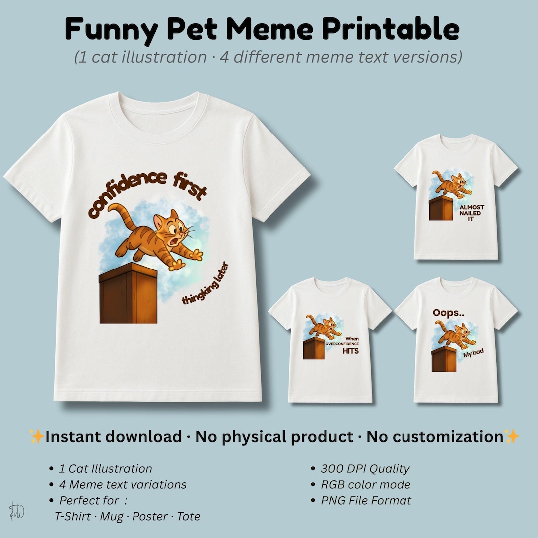 Funny Pet Meme Printable | Cat Meme Design | 1 Cat Illustration 4 Meme ...