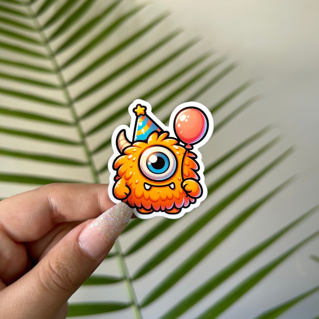 Cute Monster Sticker Wearing Birthday Hat Sticker Orange Cyclops ...