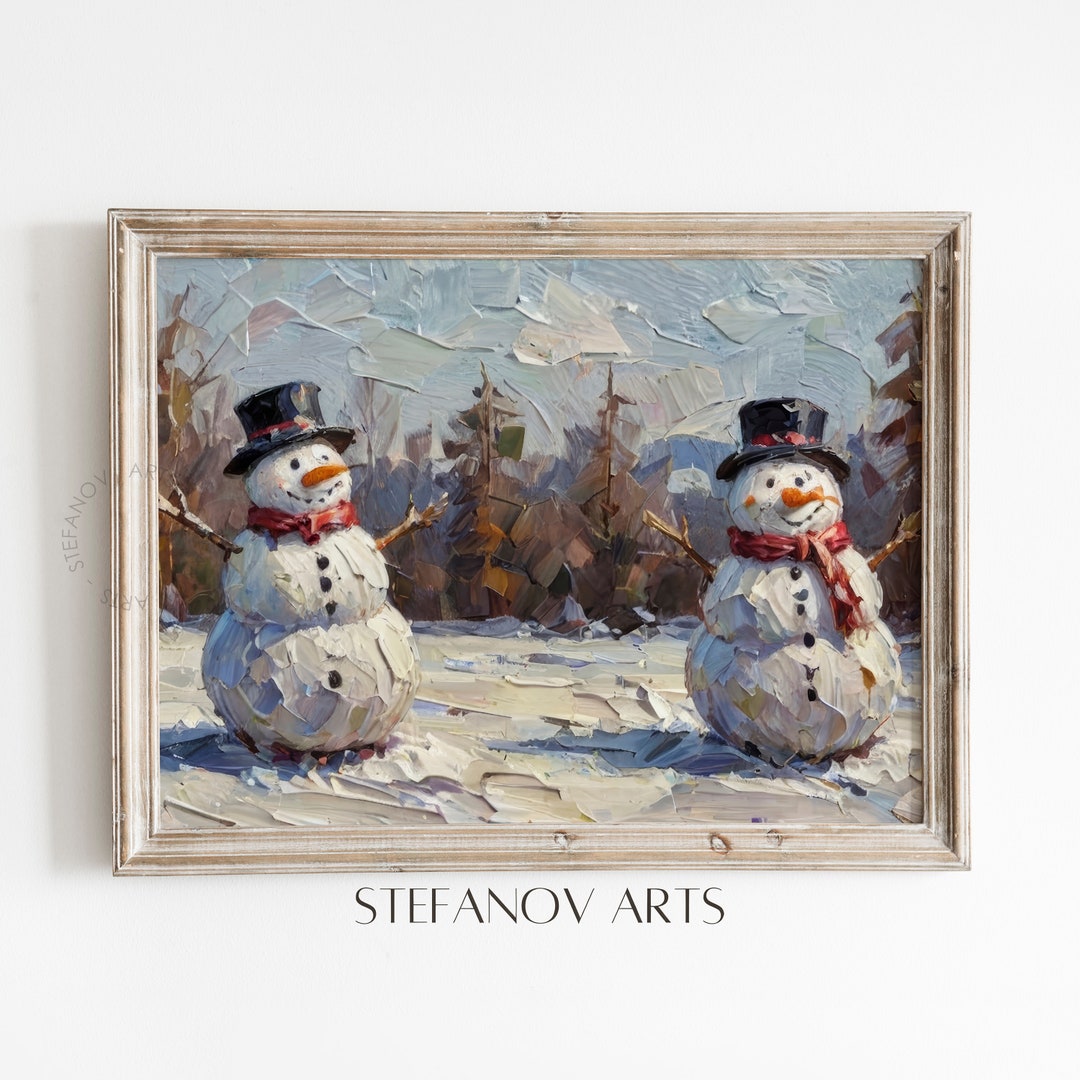 Winter Snowmen Oil Painting, Christmas Decor, Printable Wall Art ...