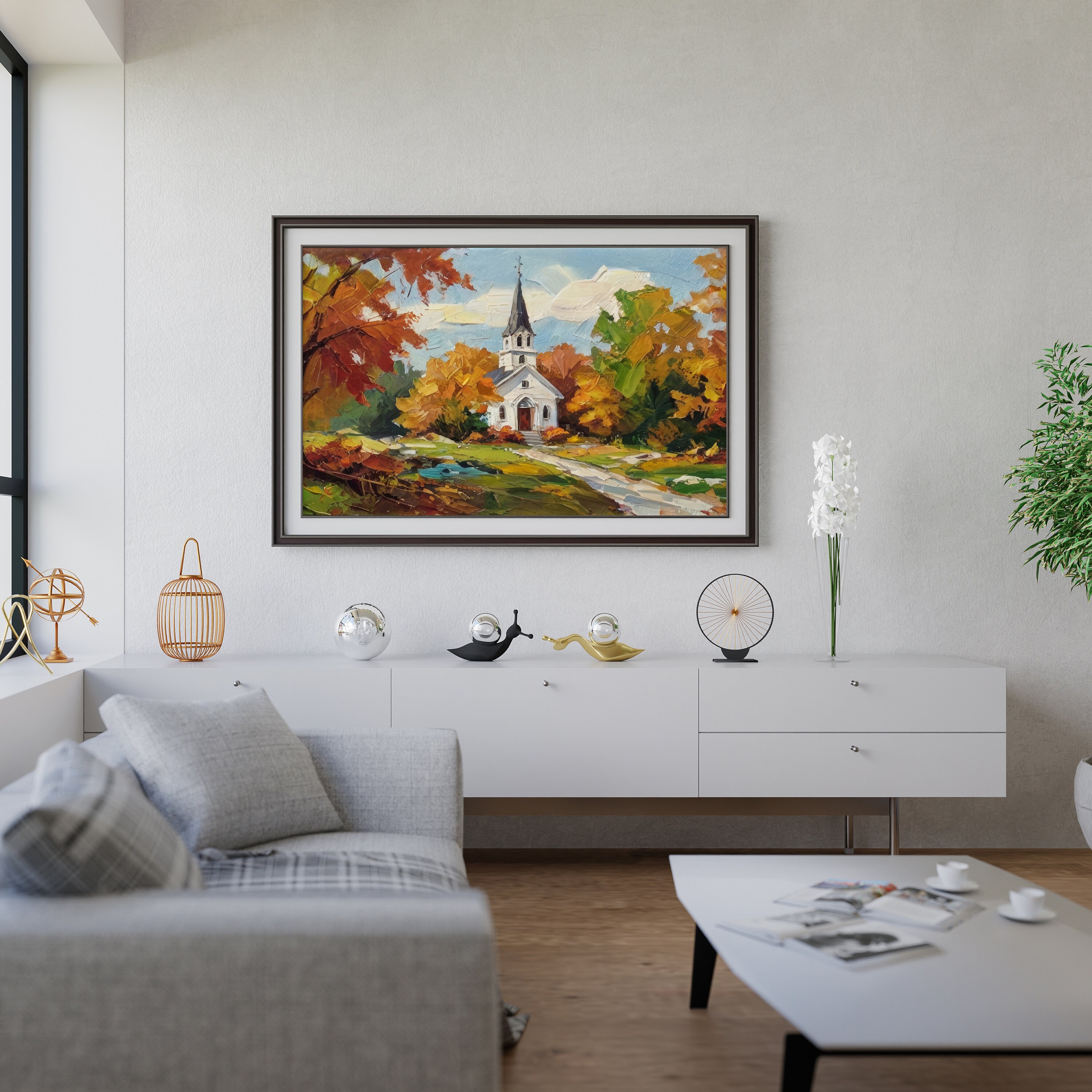 Small Autumn Church Oil Painting, Fall Decor, Printable Wall Art ...