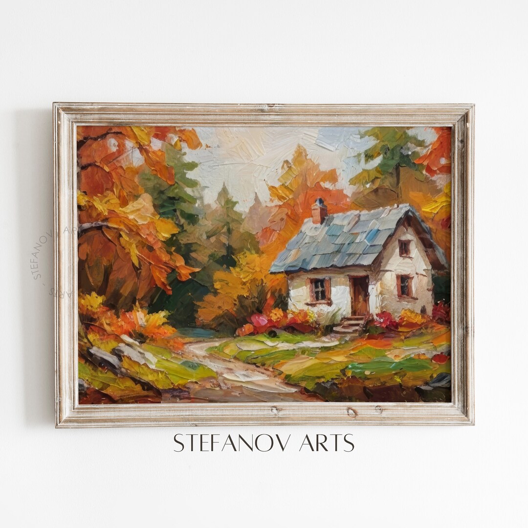 Cozy Fall Cottage Oil Painting, Autumn Decor, Printable Wall Art ...