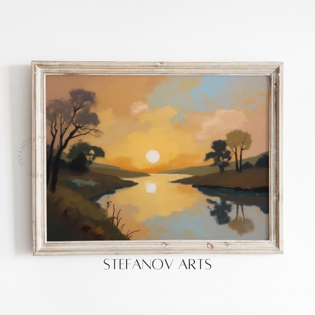 Golden Hour Landscape PRINTABLE, Impressionist Sunset River Art, Warm ...