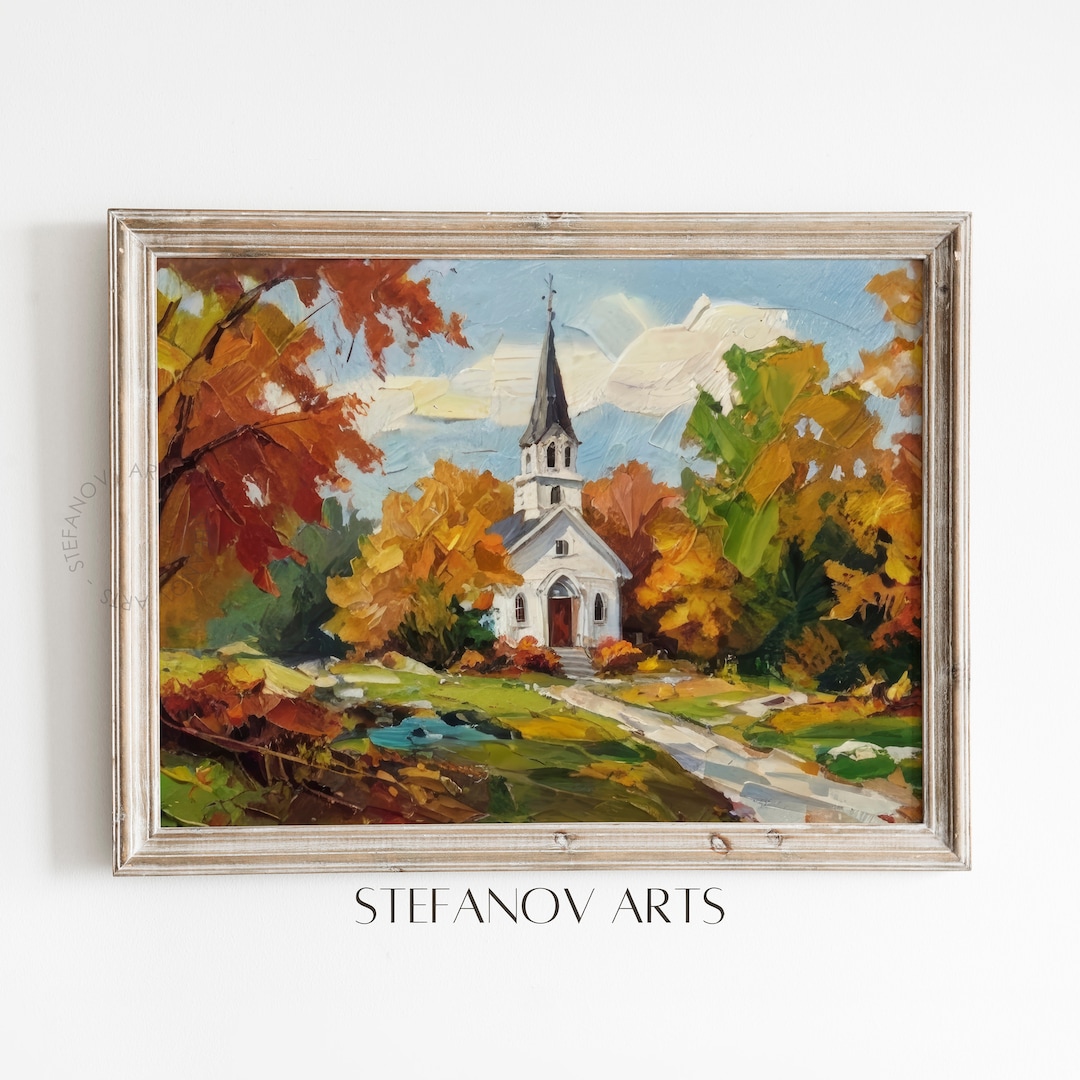 Small Autumn Church Oil Painting, Fall Decor, Printable Wall Art ...
