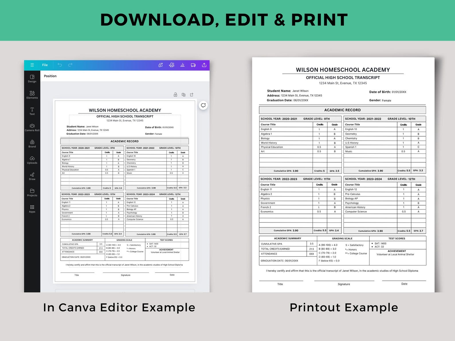 Fillable Printable Official High School Transcript, Homeschool Academic ...
