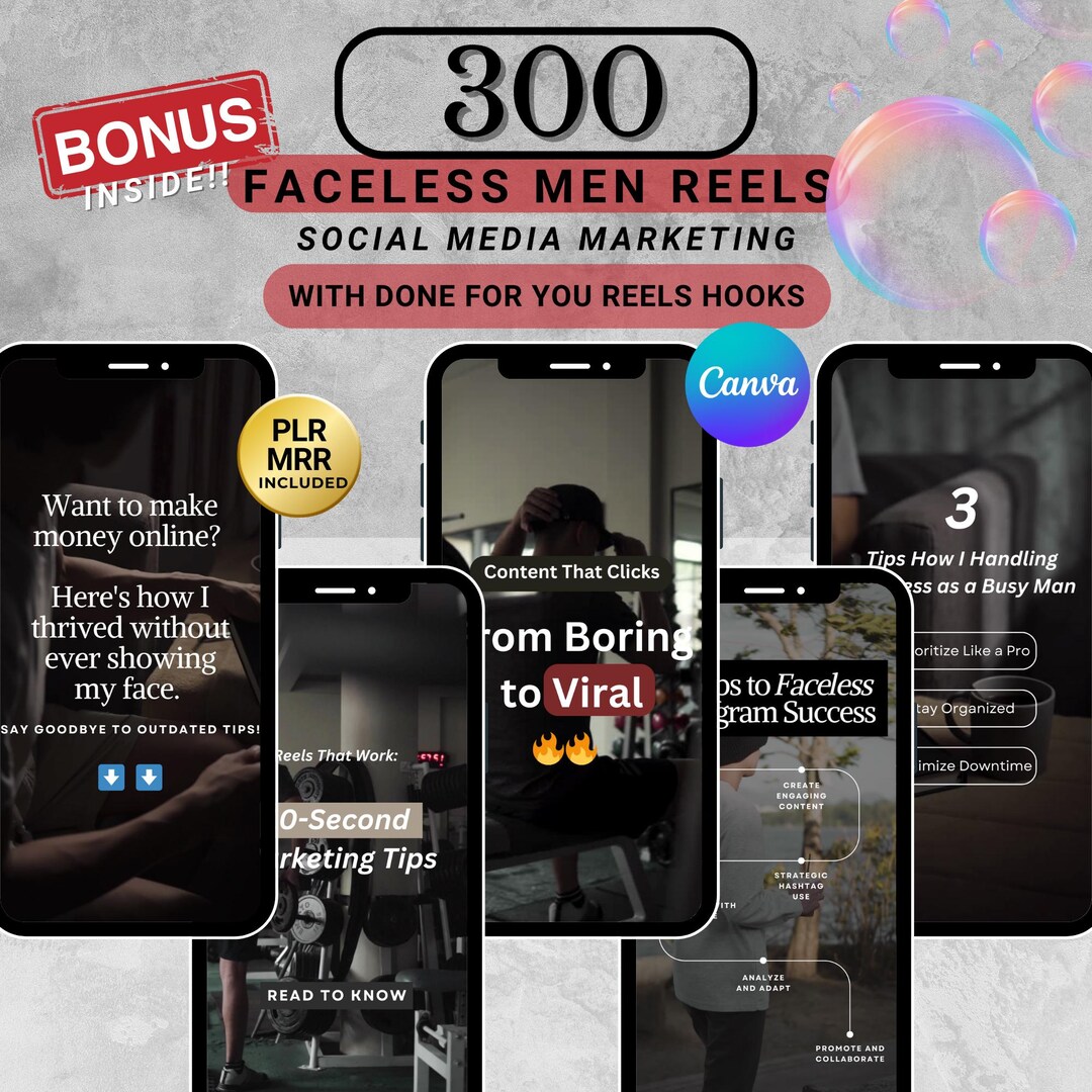300 Faceless Men Reels Digital Marketing Templates Videos With PLR/MRR ...