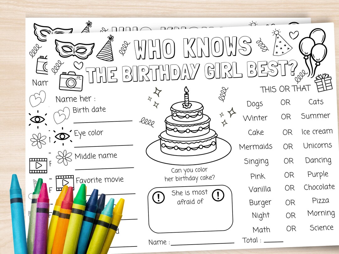 Who Knows the Birthday Girl Best Coloring Page, Would She Rather, 11 X ...