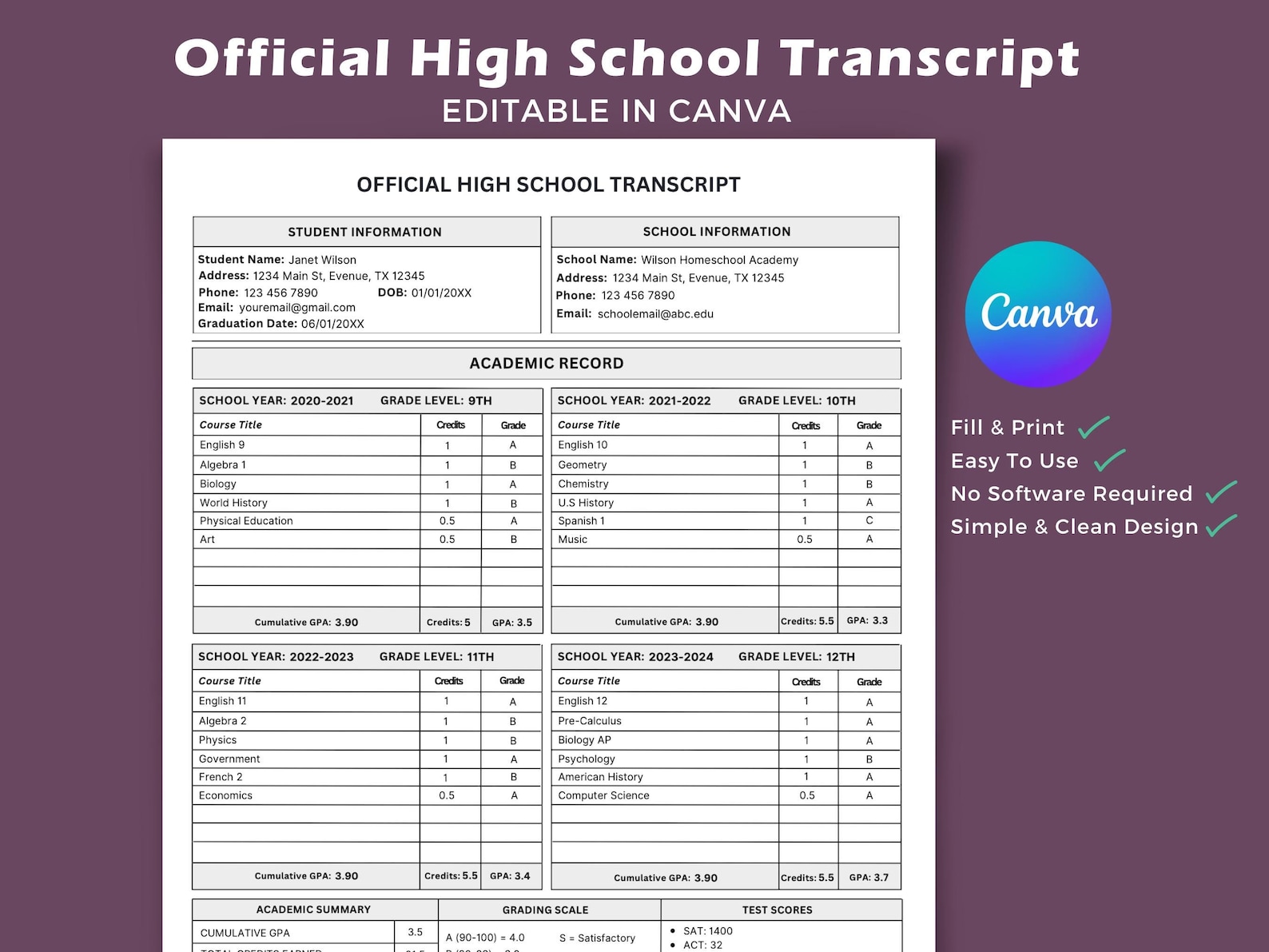 Fillable Printable High School Transcript Canva, Homeschool Academic ...