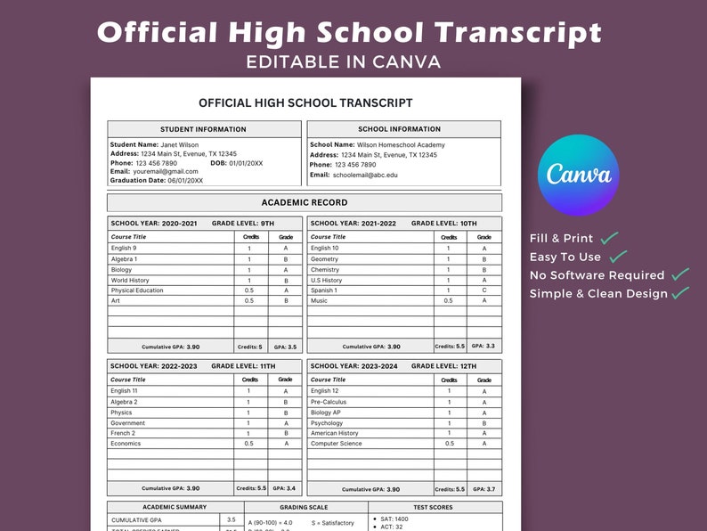 Fillable Printable High School Transcript Canva, Homeschool Academic ...