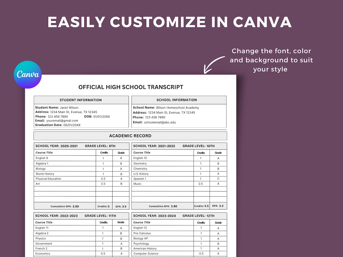 Fillable Printable High School Transcript Canva, Homeschool Academic ...