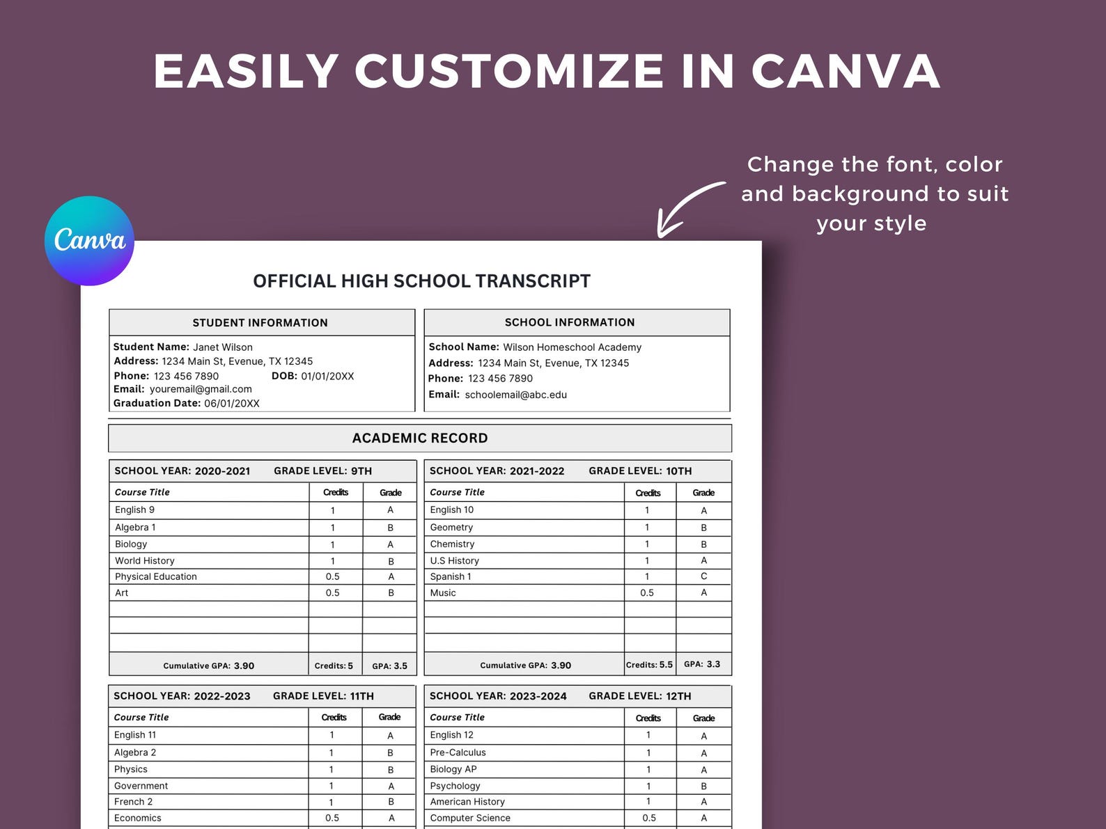 Fillable Printable High School Transcript Canva, Homeschool Academic ...