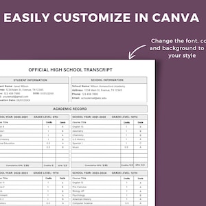 Fillable Printable High School Transcript Canva, Homeschool Academic ...