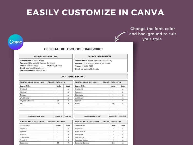 Fillable Printable High School Transcript Canva, Homeschool Academic ...