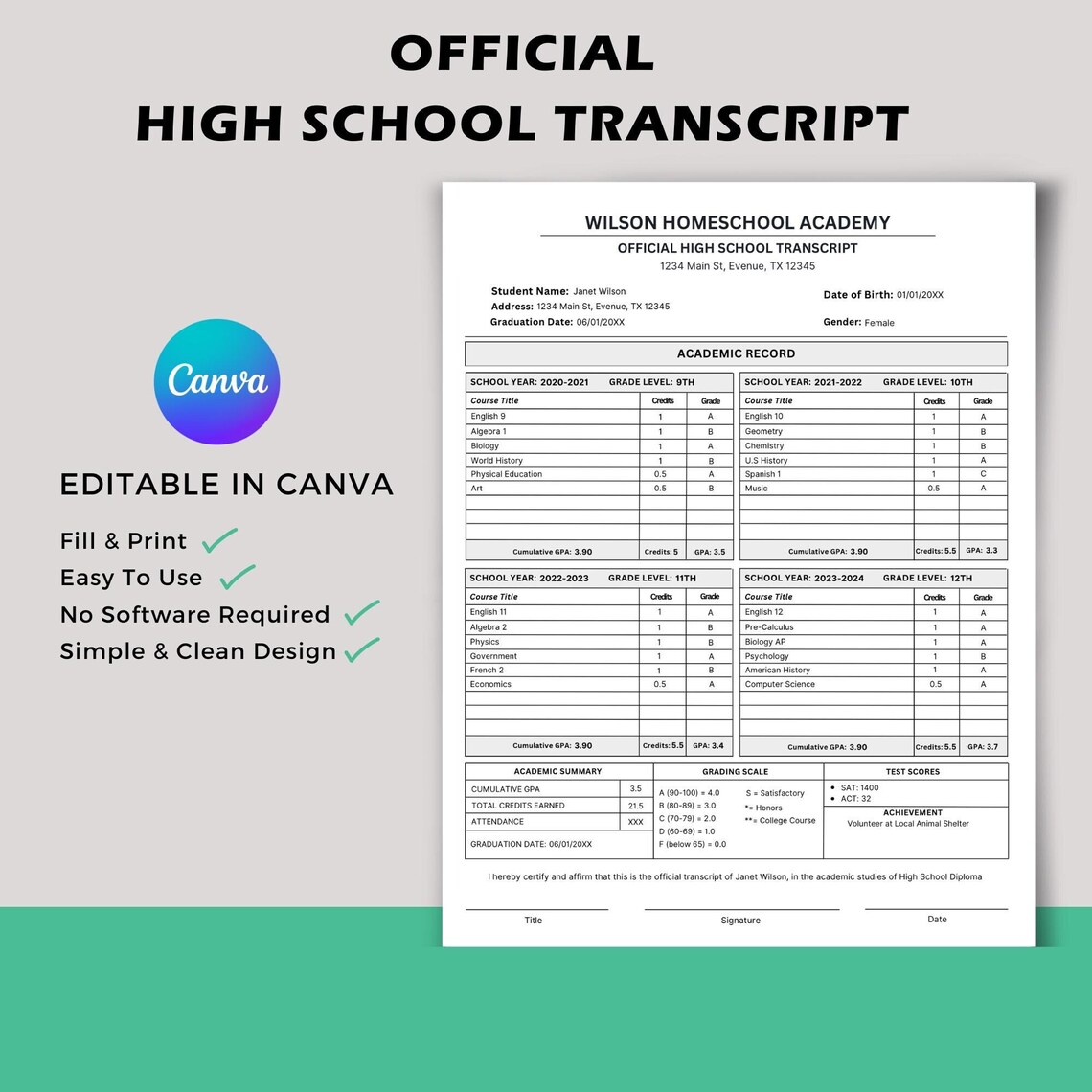 Fillable Printable Official High School Transcript, Homeschool Academic ...