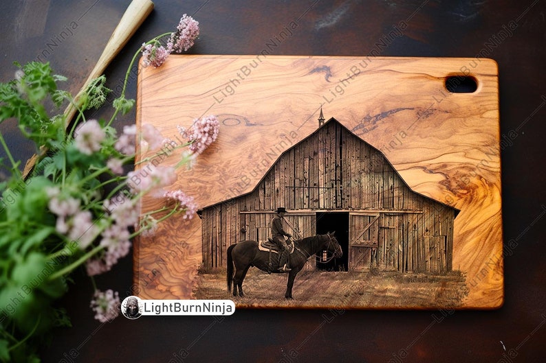 Cowboy and Barn PNG for Laser Engraving | Rustic Western Farm Scene ...