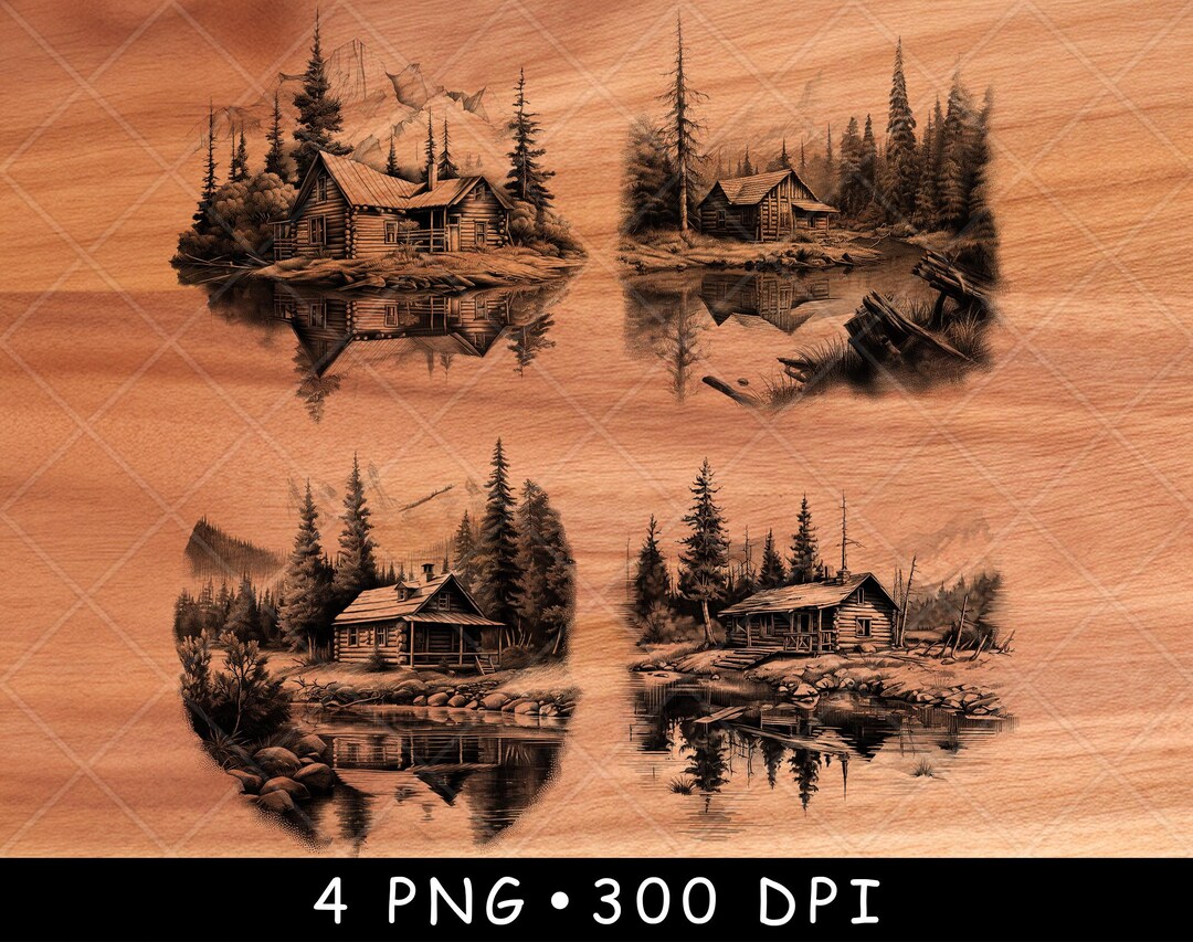 Rustic Log Cabin Lake Swamp House Trees Mountain Landscape Laser File ...