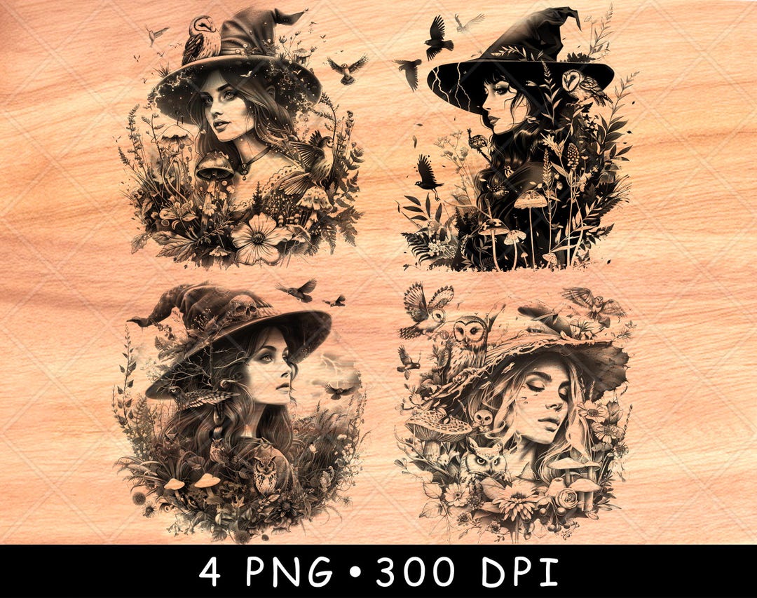 Witch Portrait PNG Bundle for Laser Engraving, Gothic Fantasy Woman Art ...
