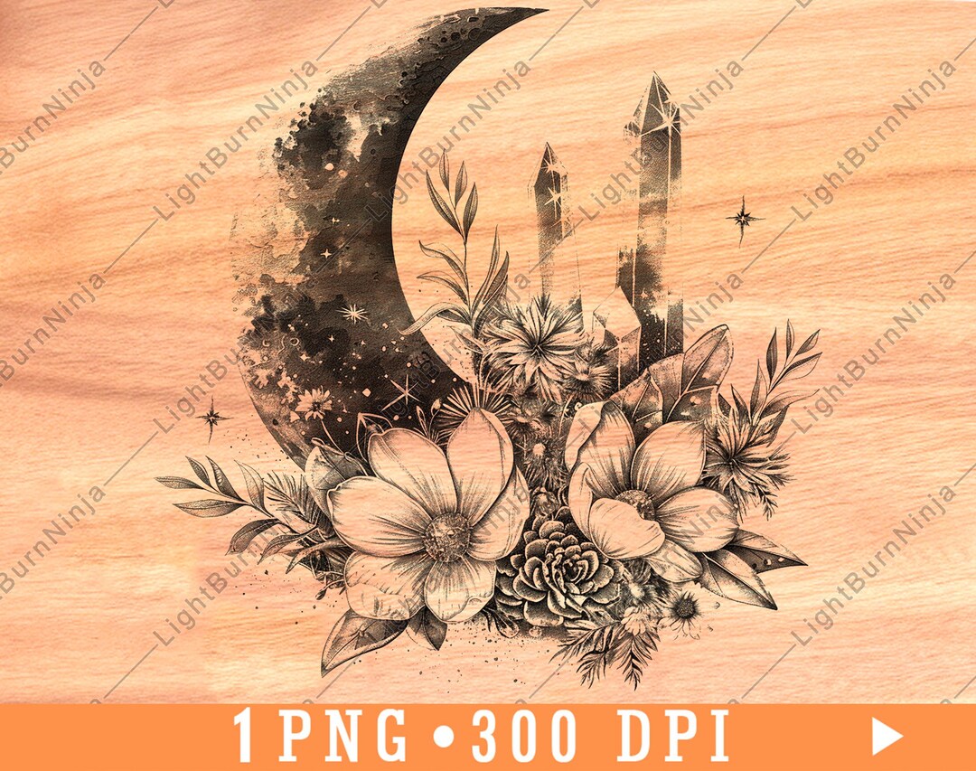 Crescent Moon Floral PNG Laser Engraving File | Crystal Botanical ...
