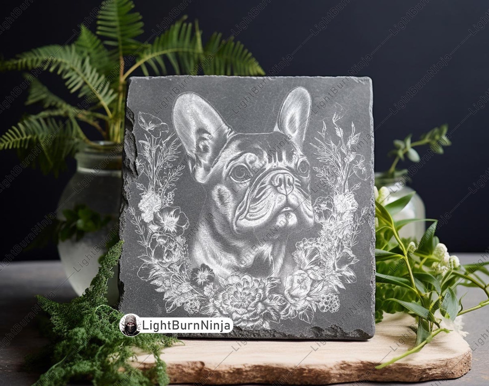French Bulldog Frenchie Head Floral Scene Flower Wreath Pet Laser File ...